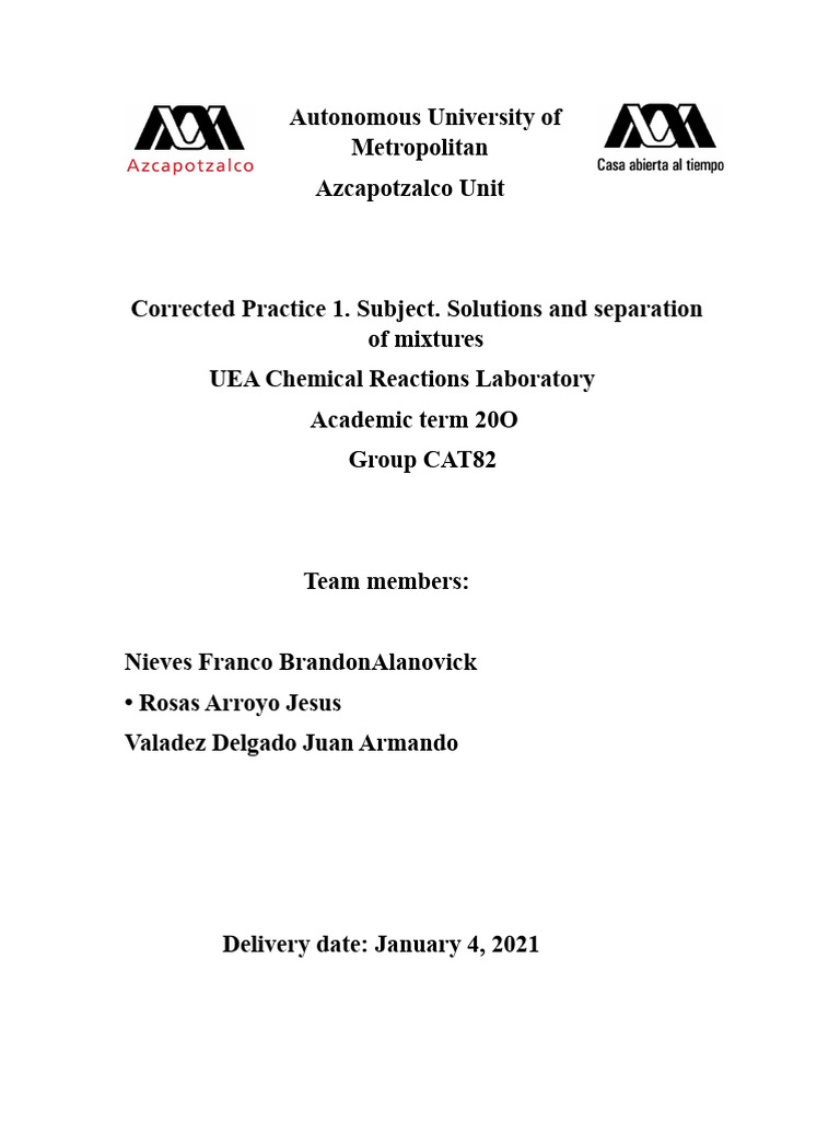 Practice 1 Corrected. Subject. Solutions and Separation of Mixtures ...
