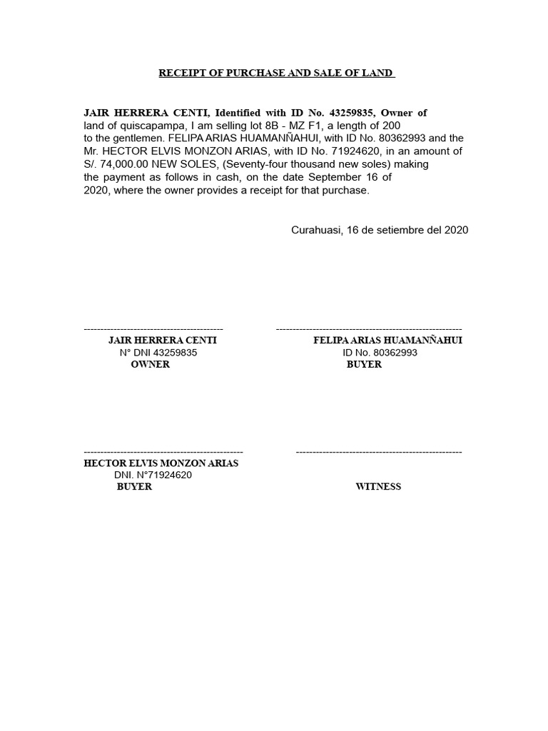 Land Sale Receipt - Quiscapampa Lot 8B | PDF