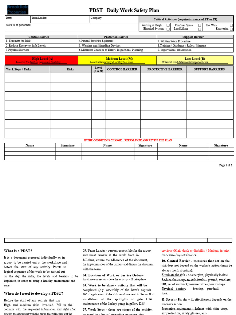 Daily Work Safety Plan Template | PDF | Occupational Safety And Health ...