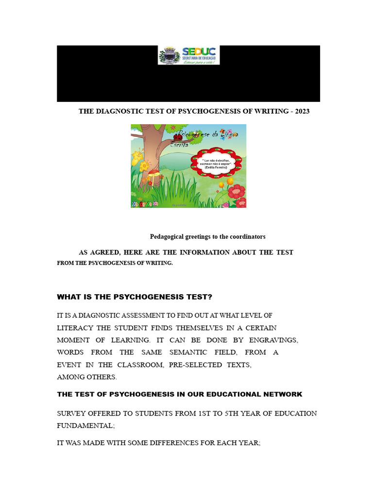 Psychogenesis Writing Diagnostic Test 2023 | PDF | Word | Writing
