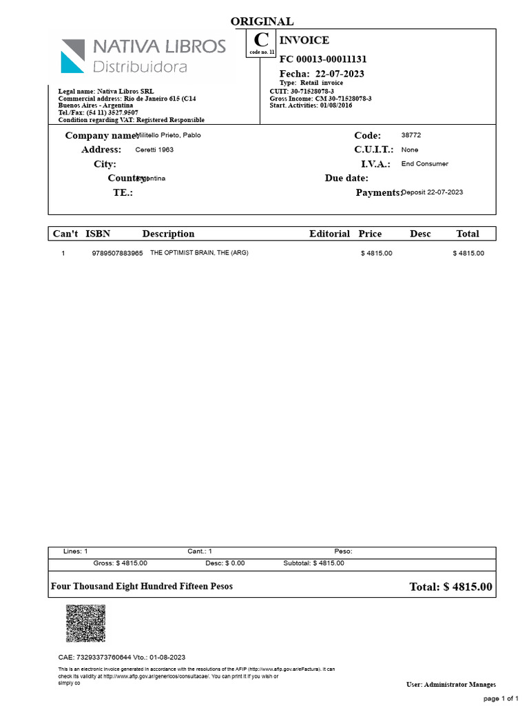 Optimistic Brain, The (Arg) - Mikel Alonso | PDF | Invoice | Business ...