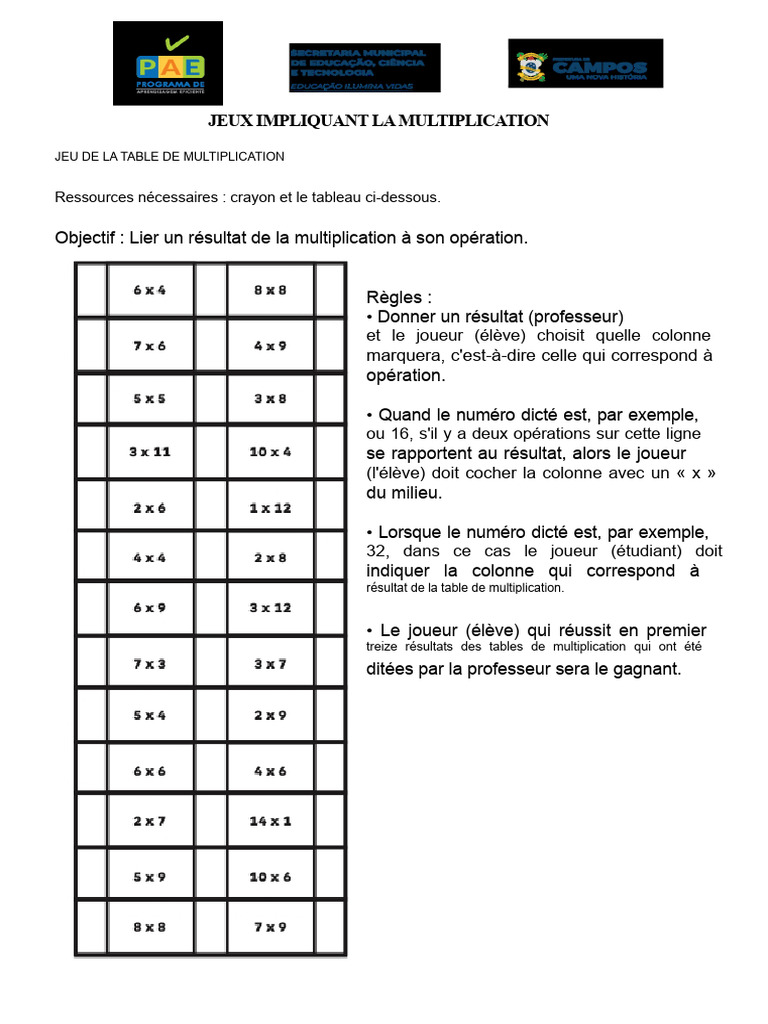Jeux éducatifs sur la multiplication | PDF | Multiplication | Mathématiques