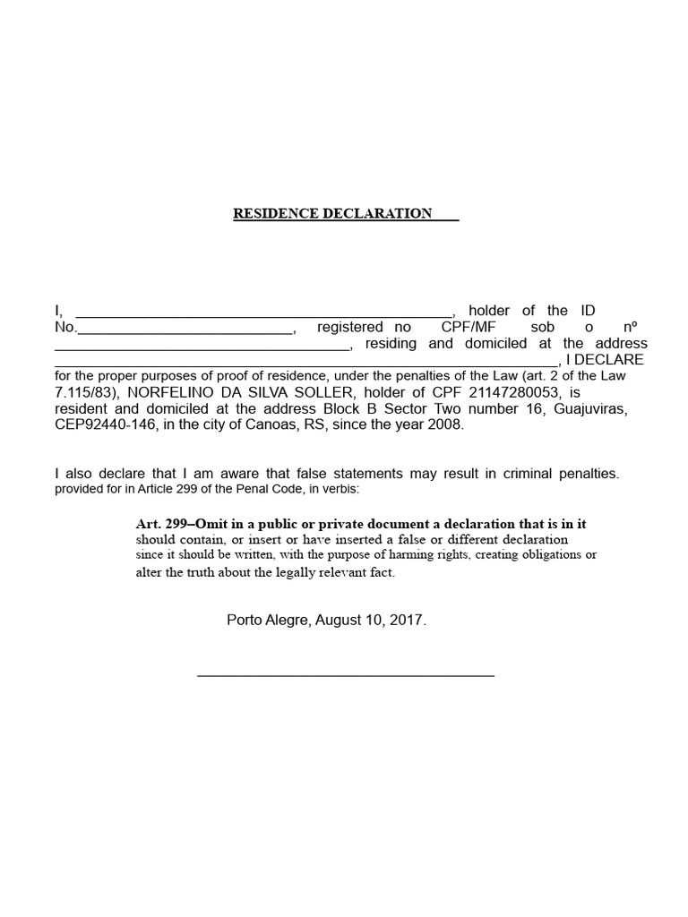 Residence Declaration Form Template | PDF