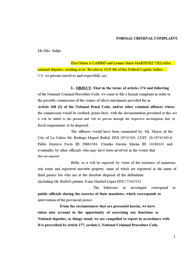 The complete complaint by Elisa Carrió | PDF | Property | Crimes