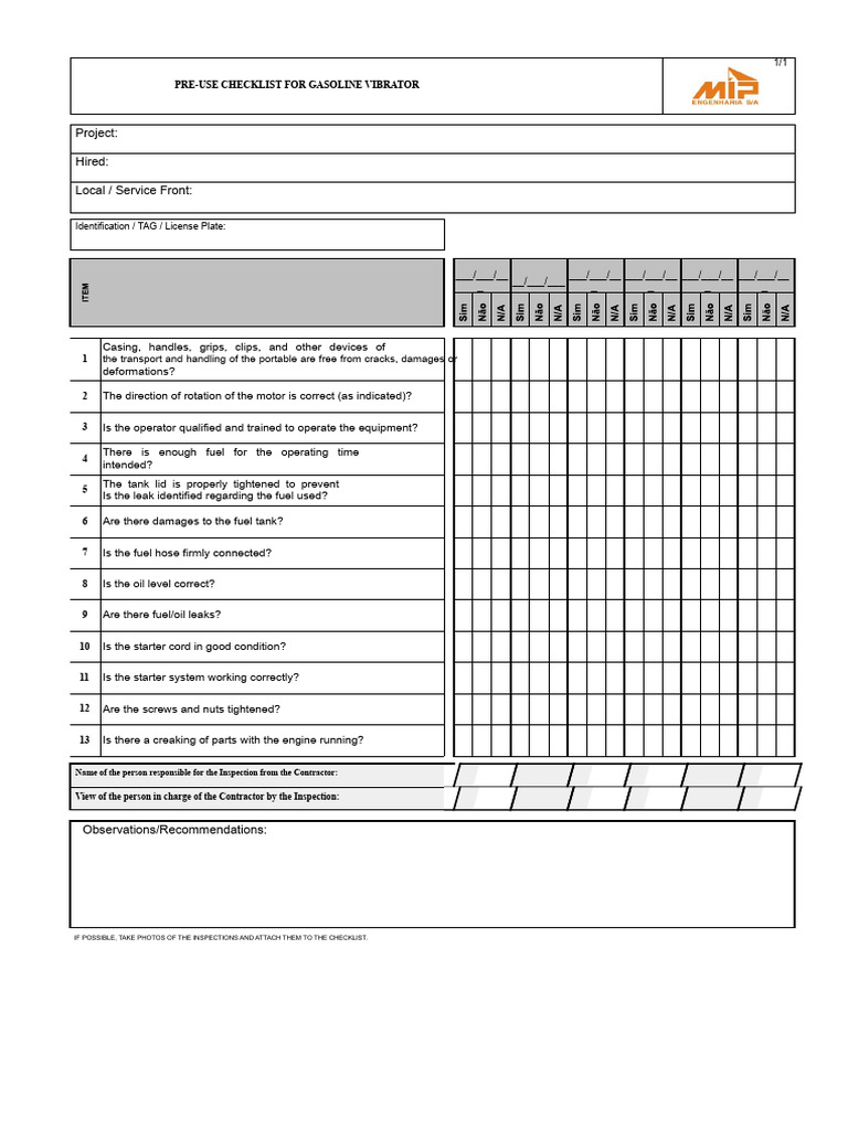 PRE-USE CHECKLIST VIBRATING STRIP | PDF