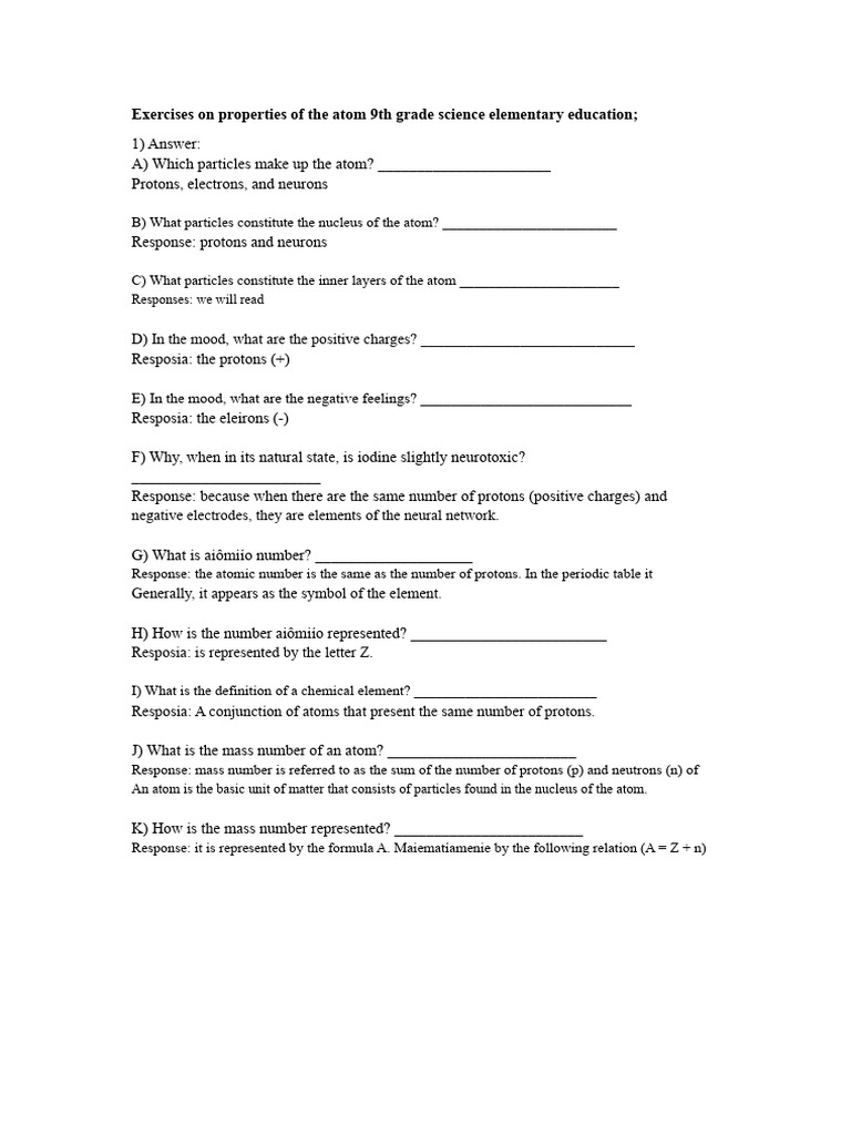 9th grade Exercises on the properties of the atom 9th grade science ...