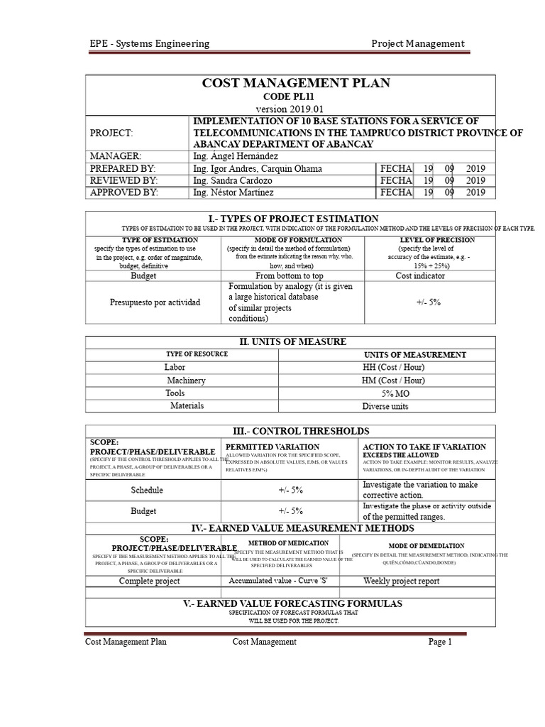 PL 11 Cost Management Plan (2) | PDF | Project Management | Business