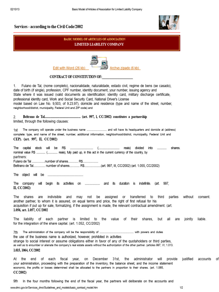 Basic Model of Limited Liability Company Social Contract | PDF ...