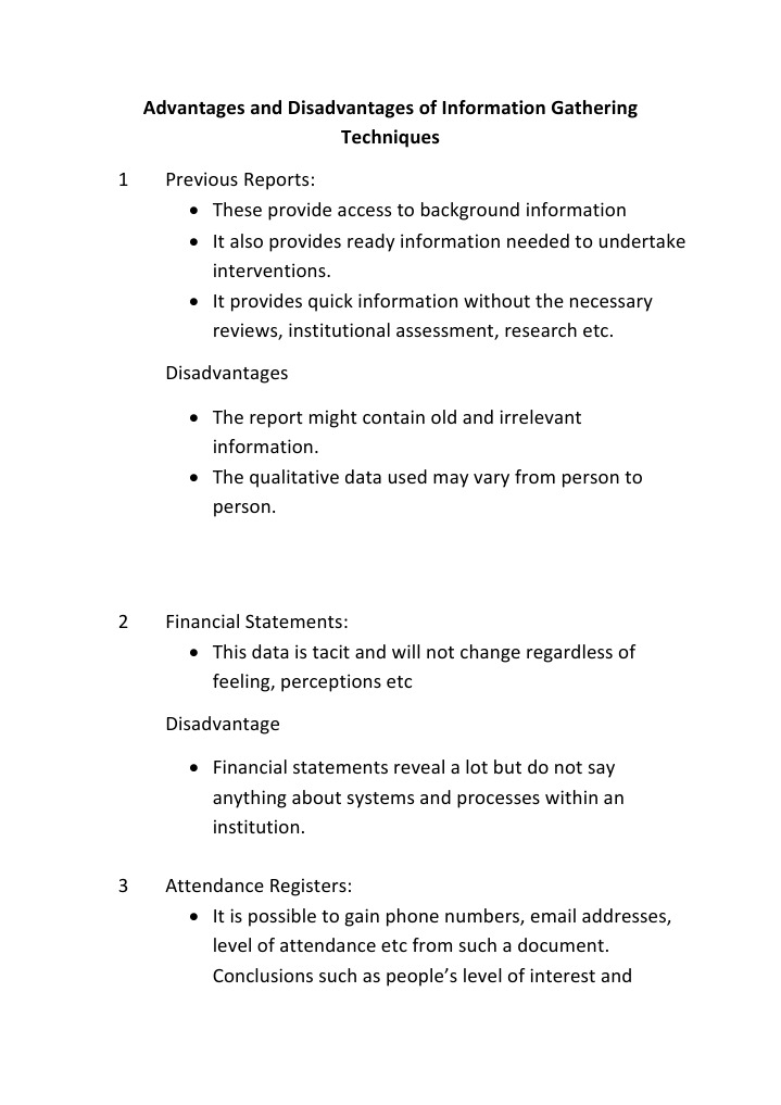 Advantages and Disadvantages of Information Gathering Techniques | PDF ...