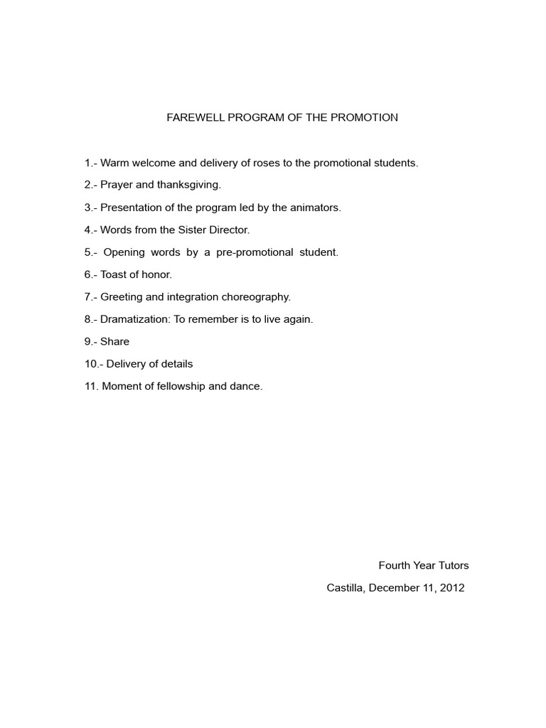 FAREWELL PROGRAM FOR THE PROMOTION.docx | PDF