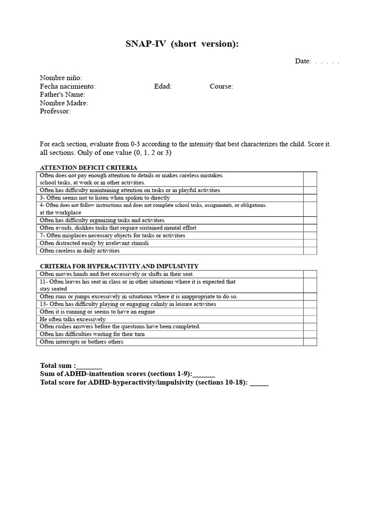 SNAP IV Questionnaire PDF | PDF
