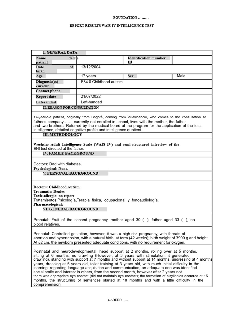 INTELLIGENCE TEST REPORT CI WAIS IV | PDF | Wechsler Adult Intelligence ...