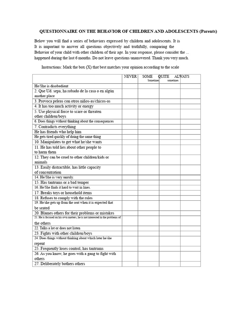 Child Behavior Assessment Questionnaire | PDF | Adolescence | Human ...