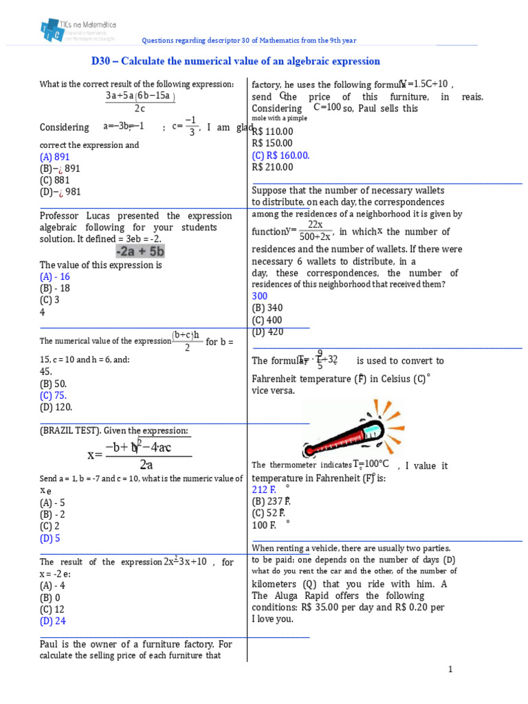 Descriptor 30 - Mathematics 9th Grade | PDF | Fahrenheit | Mathematics