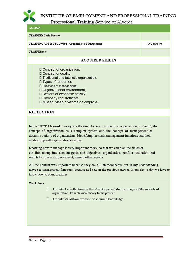 Reflection UFCD 0594 - Organization Management | PDF