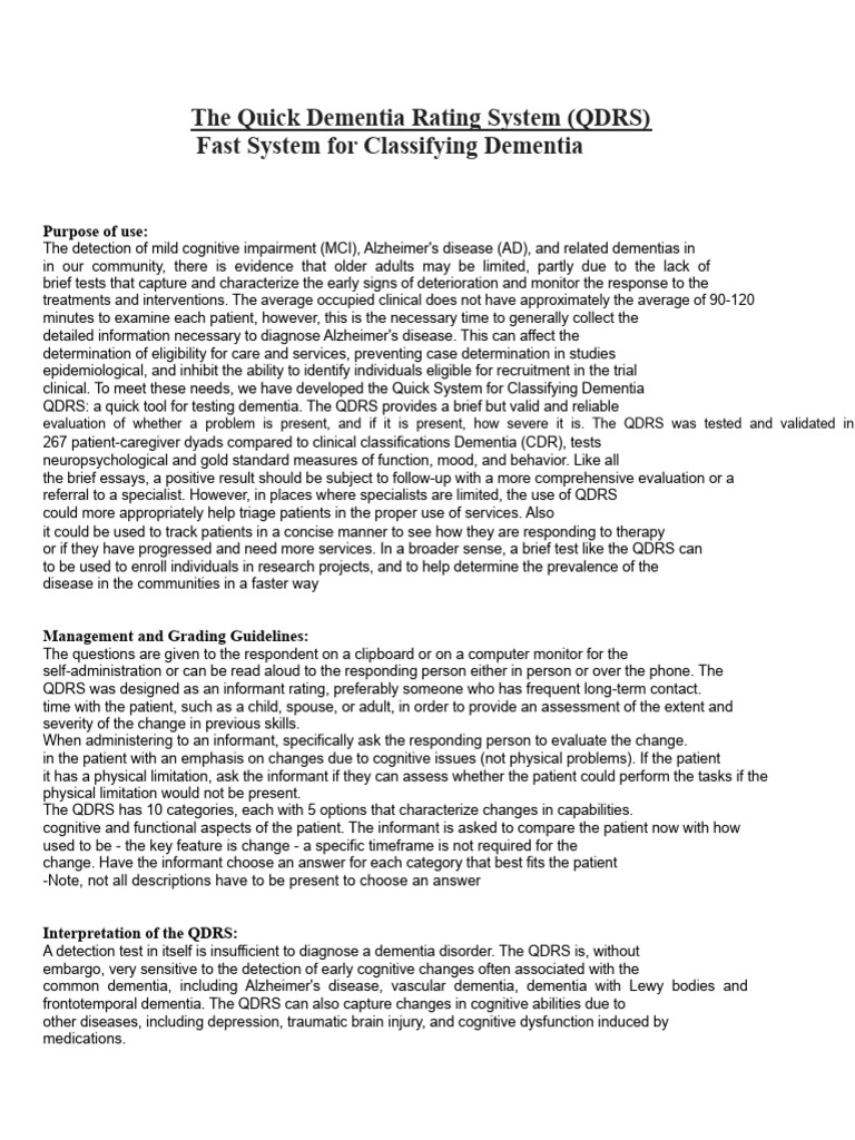 The Quick Dementia Rating System Instructions and Form | PDF | Dementia ...