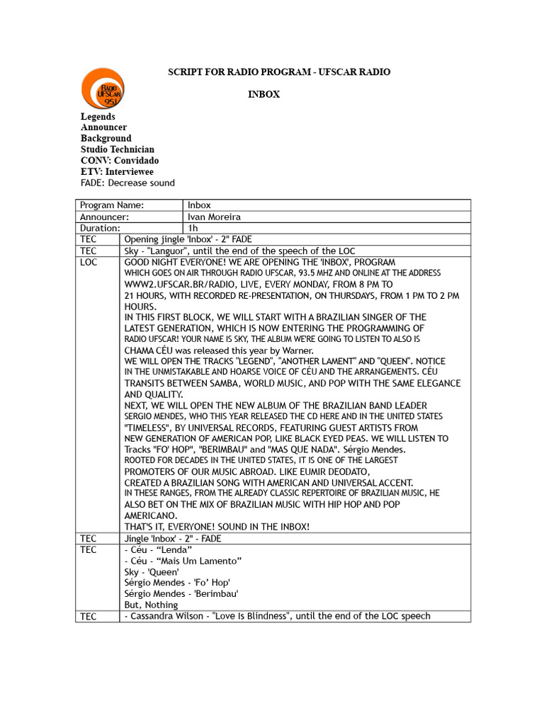 Inbox Radio Program Script - UFSCAR | PDF | Popular Music