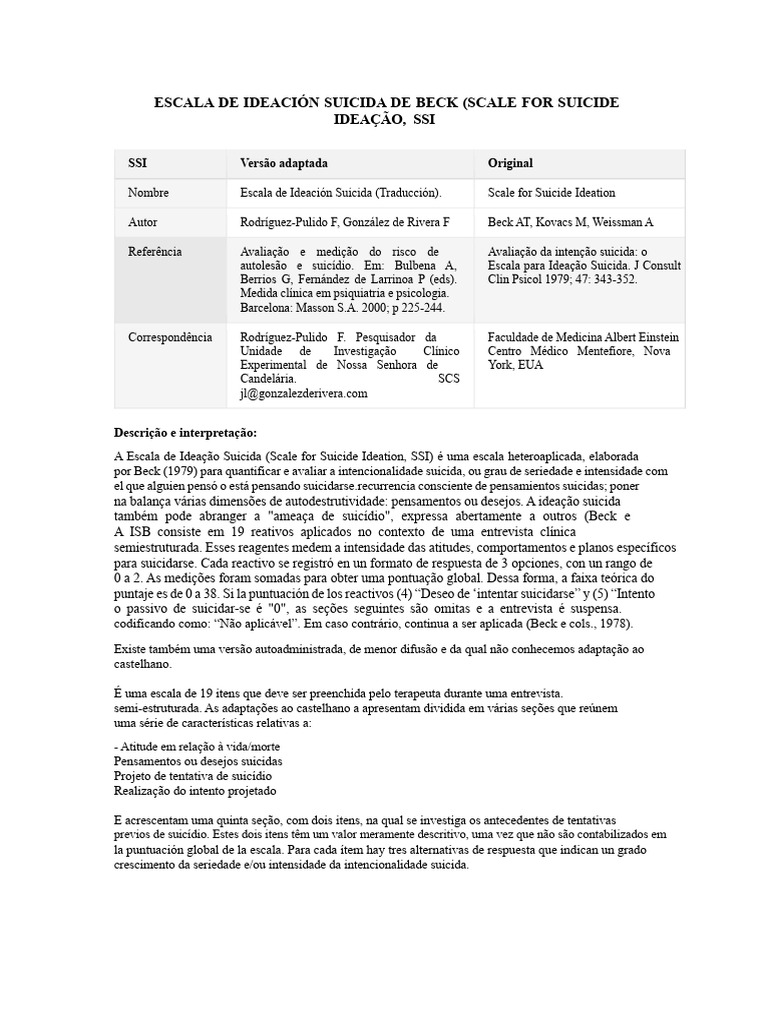 Escala de Ideação Suicida de Beck 2019 | PDF | Suicídio | Saúde mental