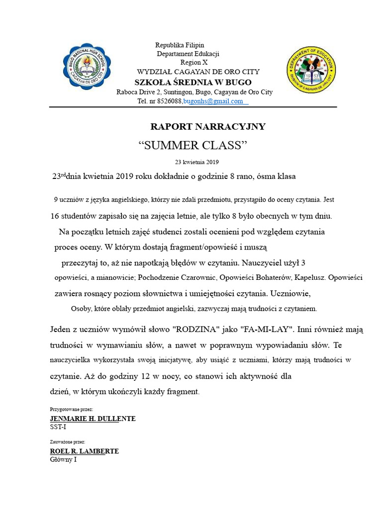 Raport narracyjny za letni kurs | PDF
