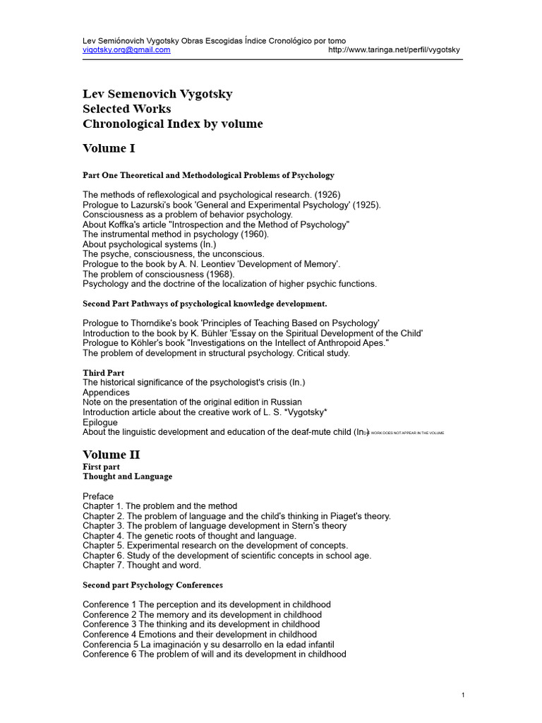 Vygotsky Selected Works Chronological Index | PDF | Psychology | Thought