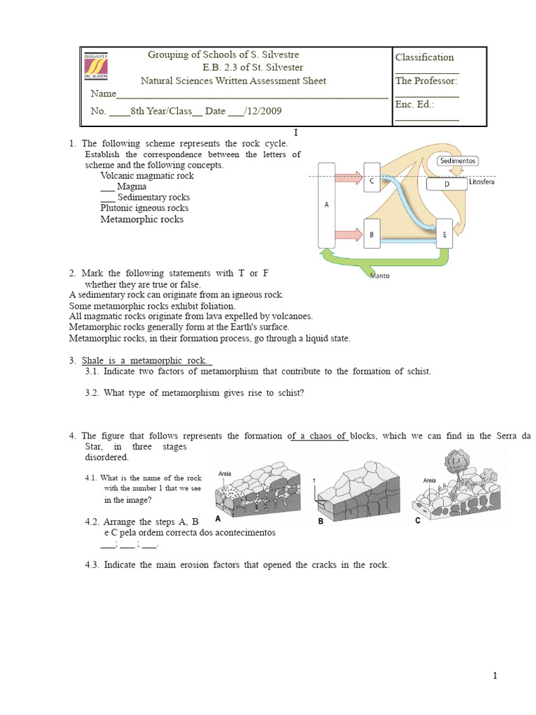 Natural Sciences Evaluation Sheet 8th Grade (rocks and landscapes ...