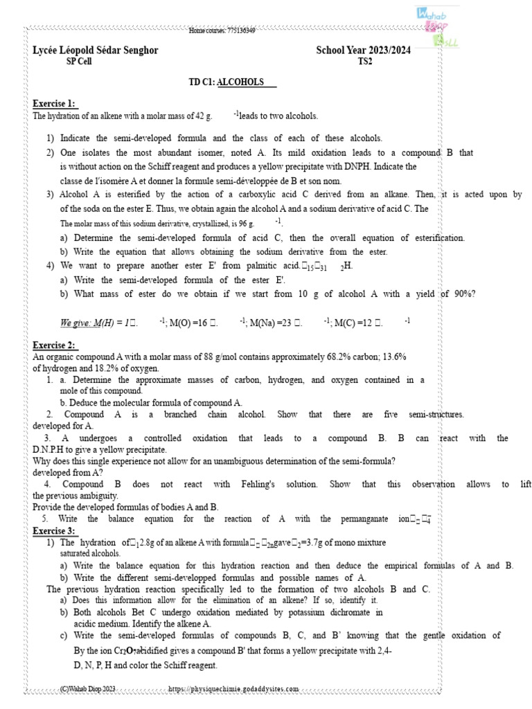 TD Alcohol-2024-Llss-Wahabdiop | PDF | Chemical Reactions | Alkene
