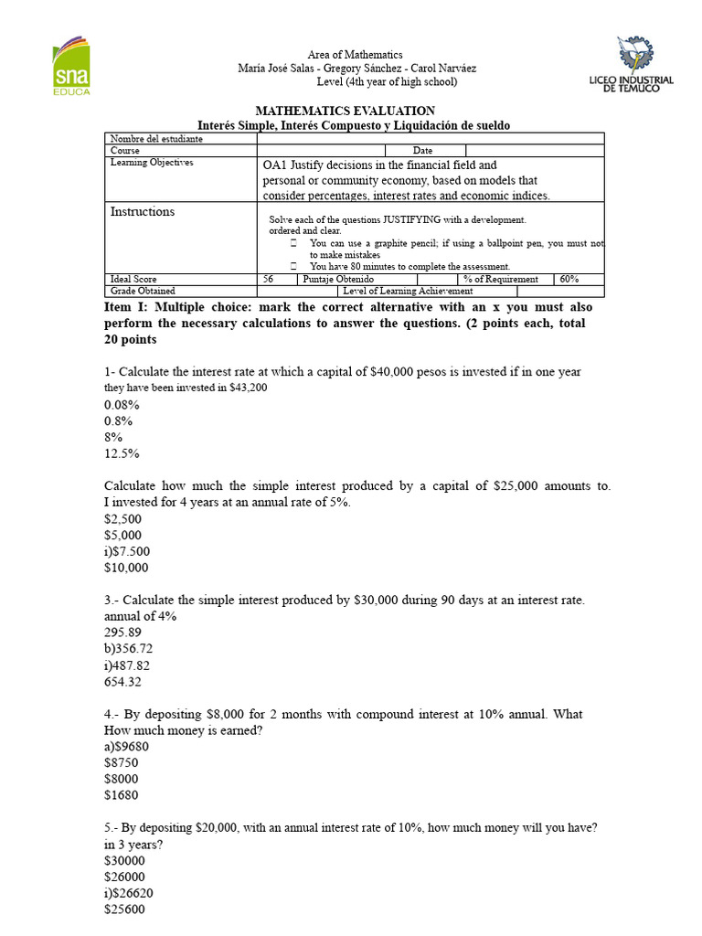 Test of 4th Grade Simple and Compound Interest | PDF | Interest ...
