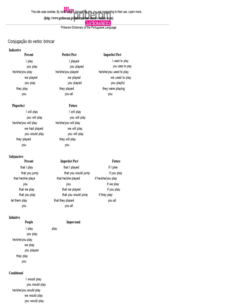 Conjugation of the verb to play in the Priberam Dictionary.pdf | PDF ...