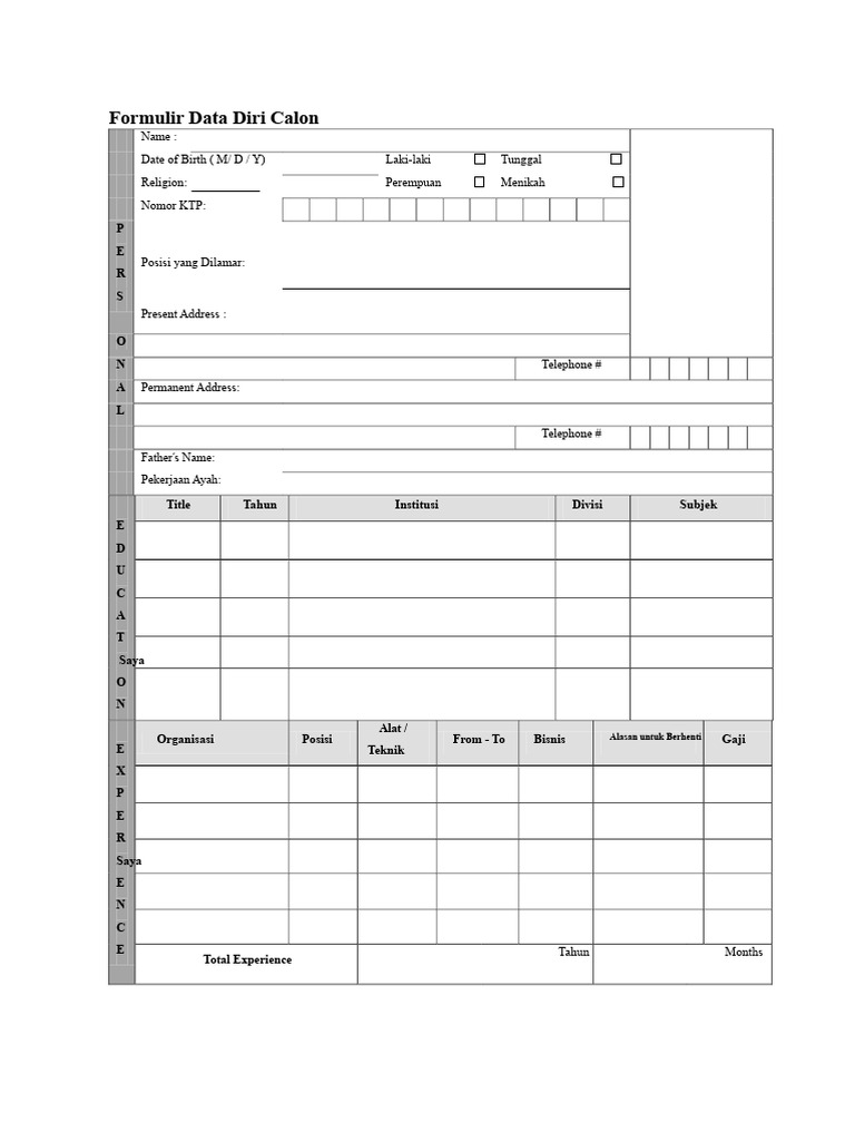 Formulir Data Diri Calon Karyawan | PDF
