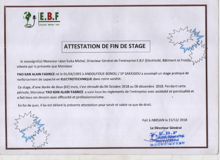 Fabrice Attestation de Stage | PDF