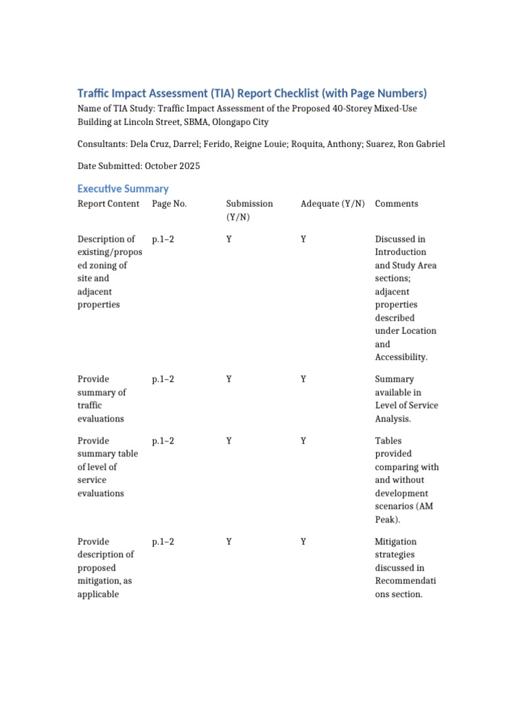 TIA Report Checklist Filled With PageNumbers | PDF | Traffic | Road