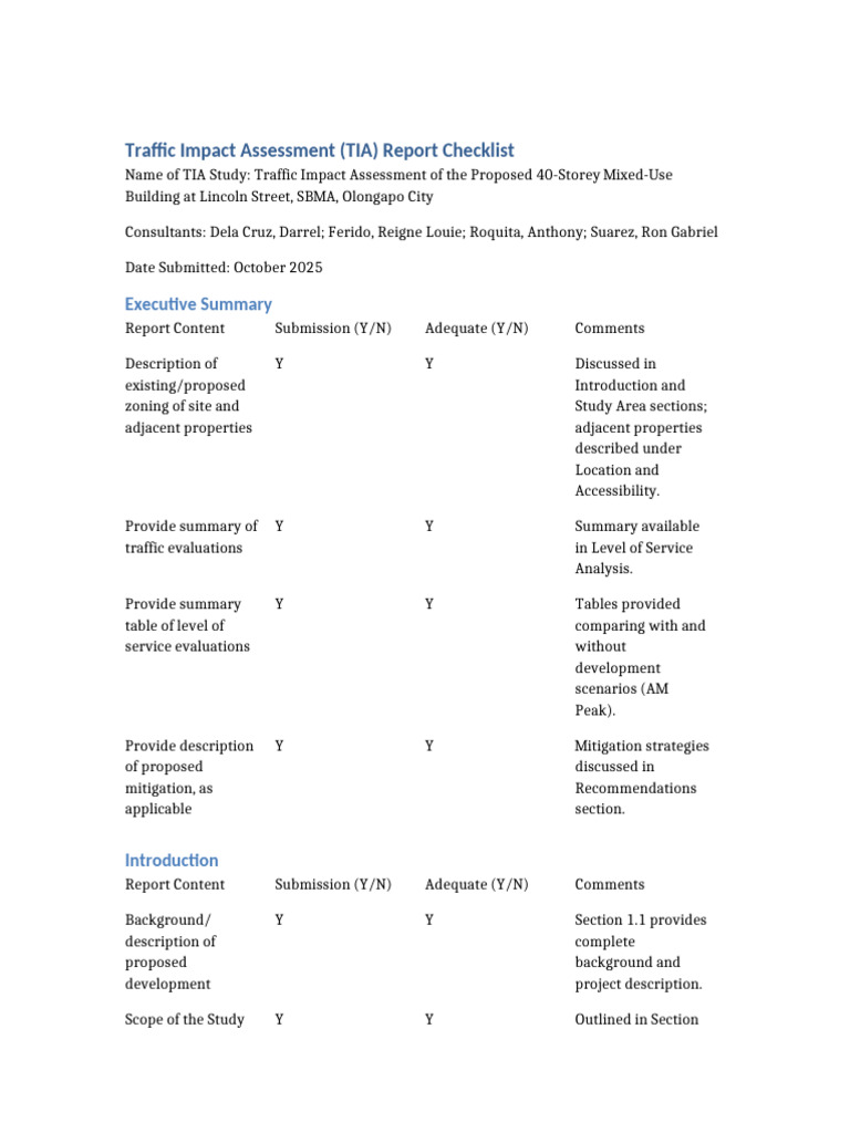 Traffic Impact Assessment Checklist | PDF | Traffic | Transport