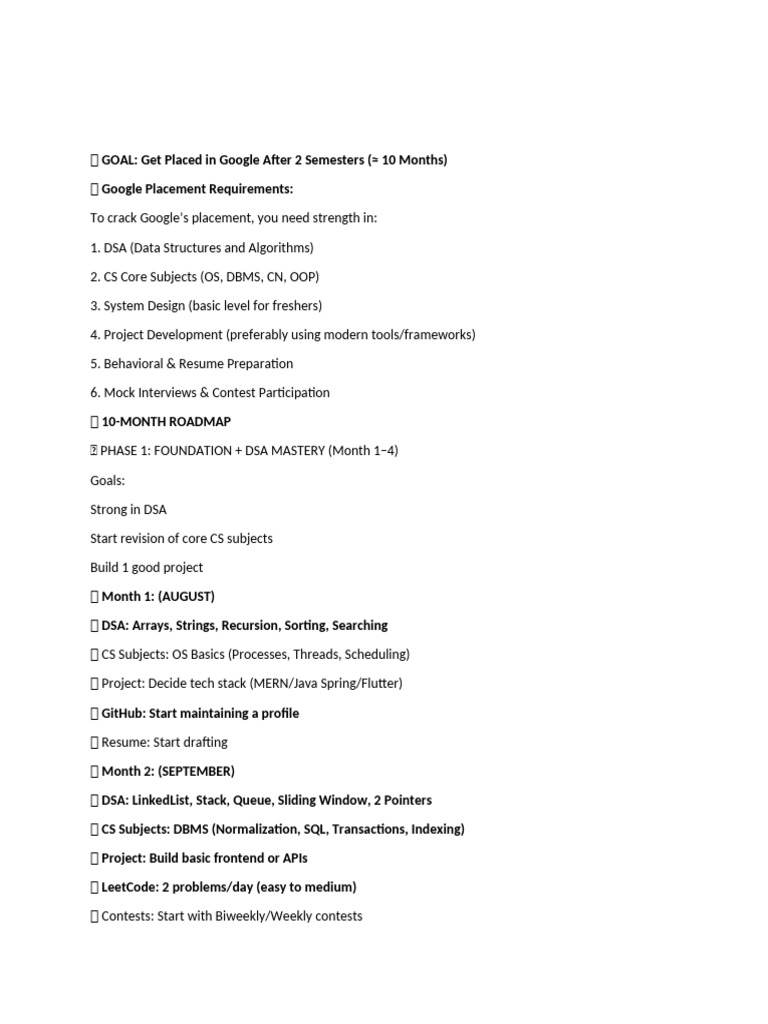 Google Placement Roadmap in 10 Months | PDF | Python (Programming ...