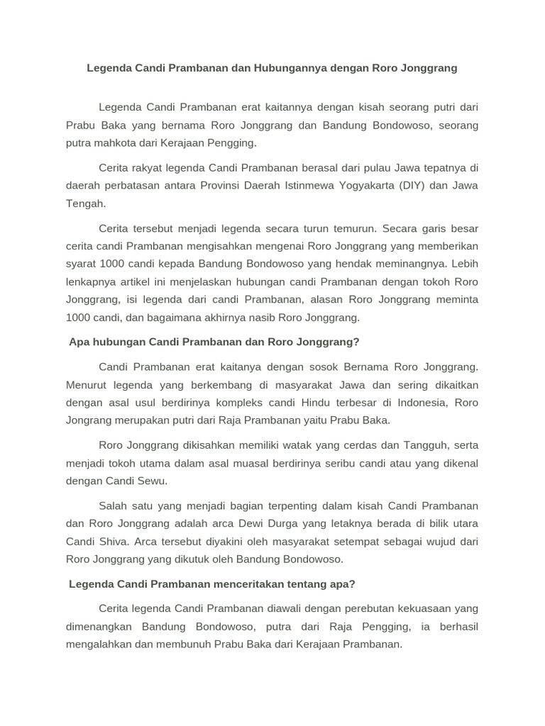 Legenda Roro Jonggrang dan Candi Prambanan | PDF