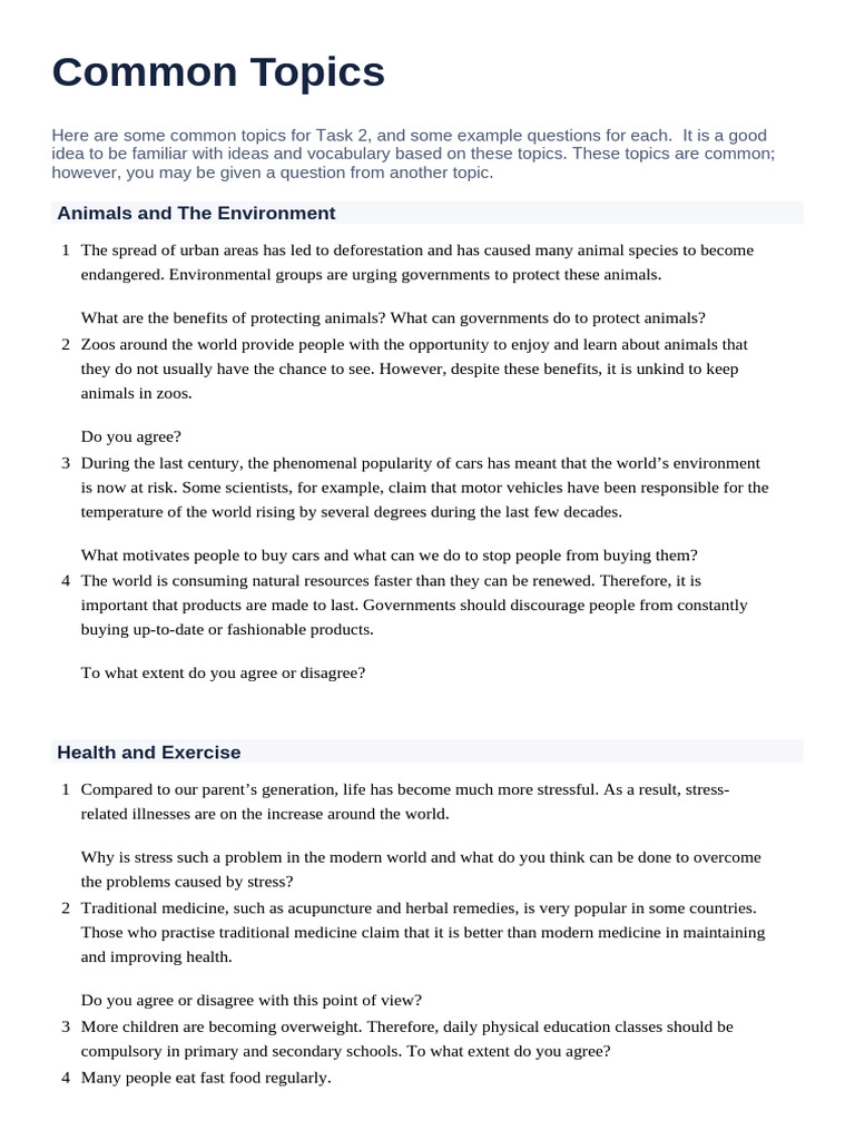 Common IELTS Task 2 Topics and Questions | PDF | City | Educational ...