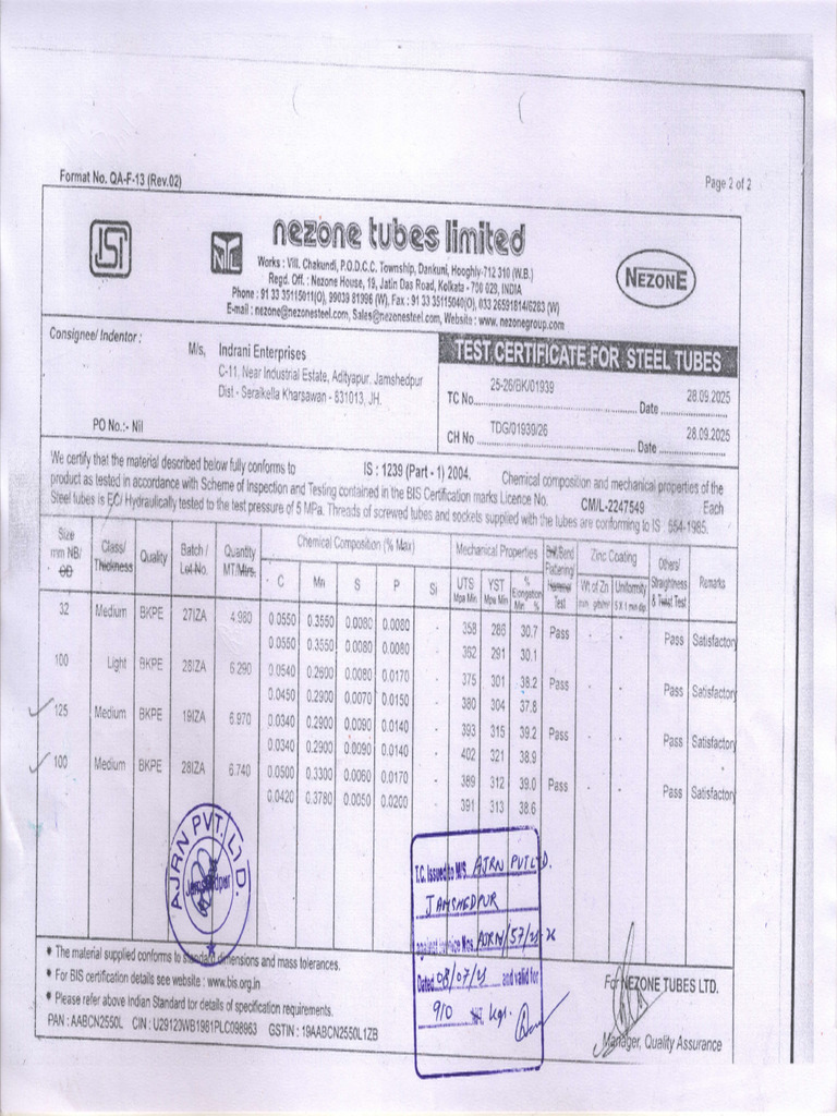 Mill Test Certificate for Steel Sections | PDF | Zinc | Transition Metals