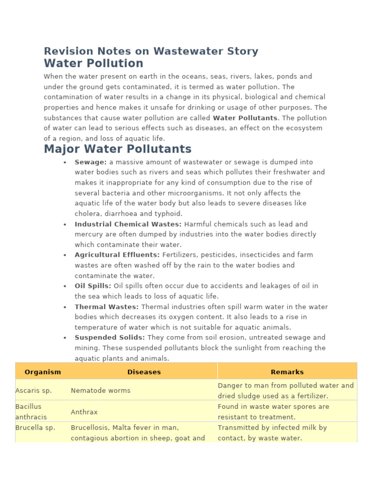 Wastewater Story Revision Notes GR-7 | PDF | Water Pollution | Sewage ...