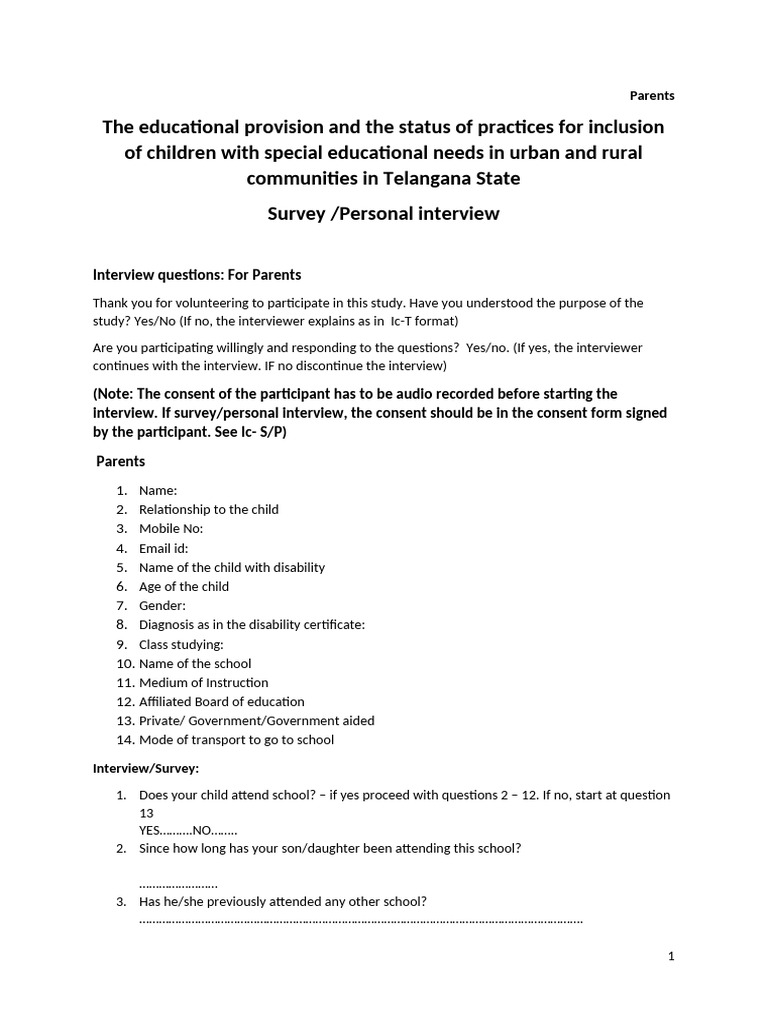 Survey Personal Interview Parents | PDF