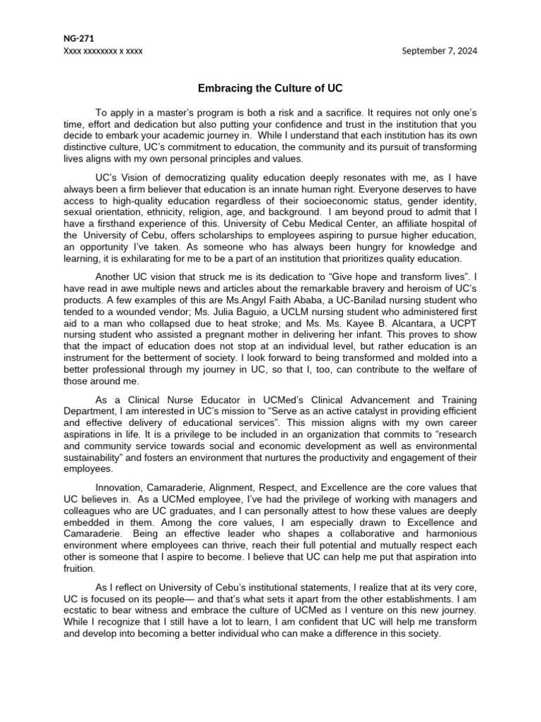 Reflection Paper - Embracing The Culture of UC | PDF | Social Psychology