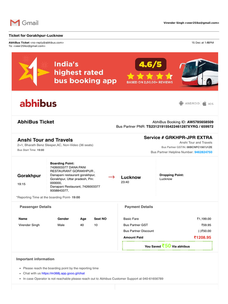 Gorakhpur to Lucknow Bus Ticket Details | PDF | Payments | Transport