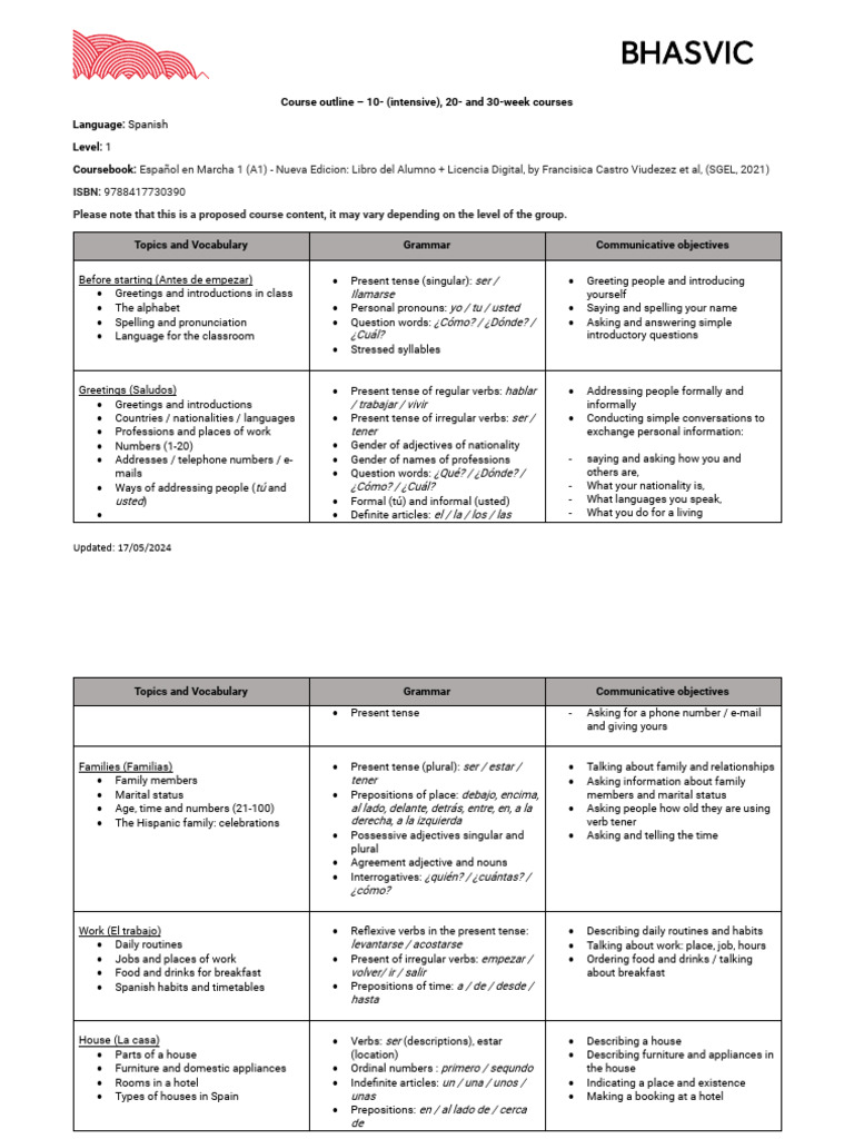 Spanish A1 Course Outline and Content | PDF | Verb | Adjective