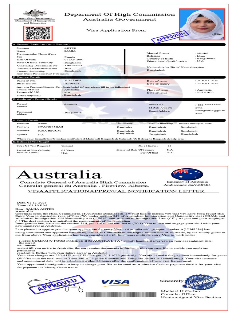 Australia Visa Application Approval for Samia Akter | PDF | Travel Visa ...