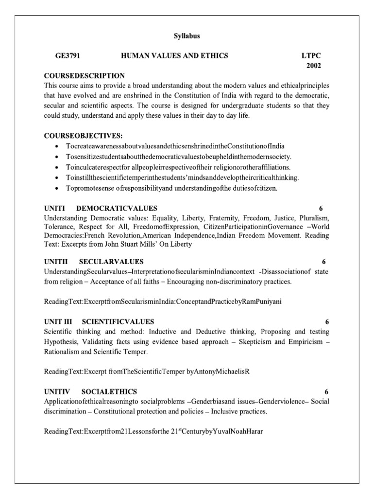 GE3791 Human Values and Ethics | PDF