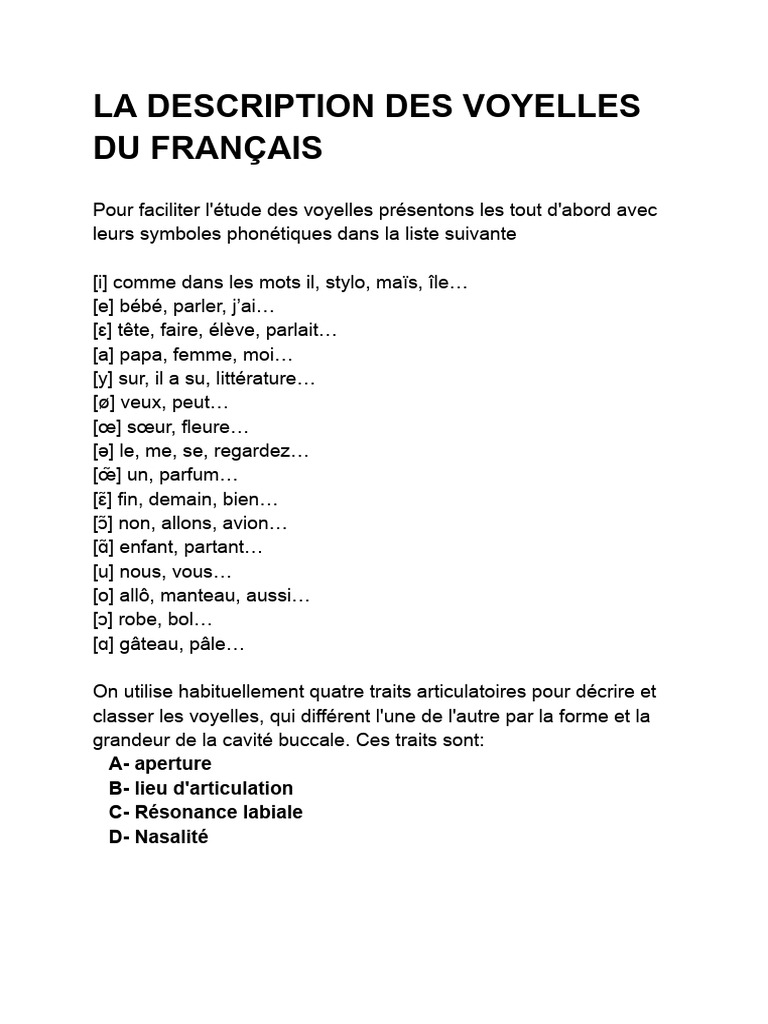 Voyelles du français : caractéristiques et classification | PDF ...