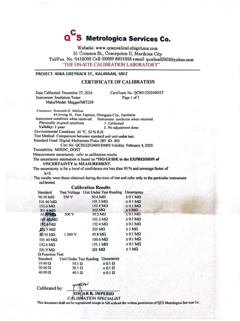 Ir Tester Certificate of Calibration | PDF