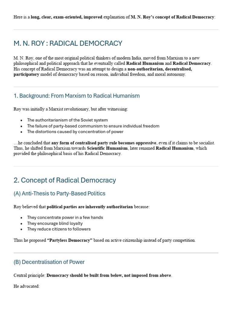 M. N. Roy's Radical Democracy Explained | PDF | Democracy | Political ...