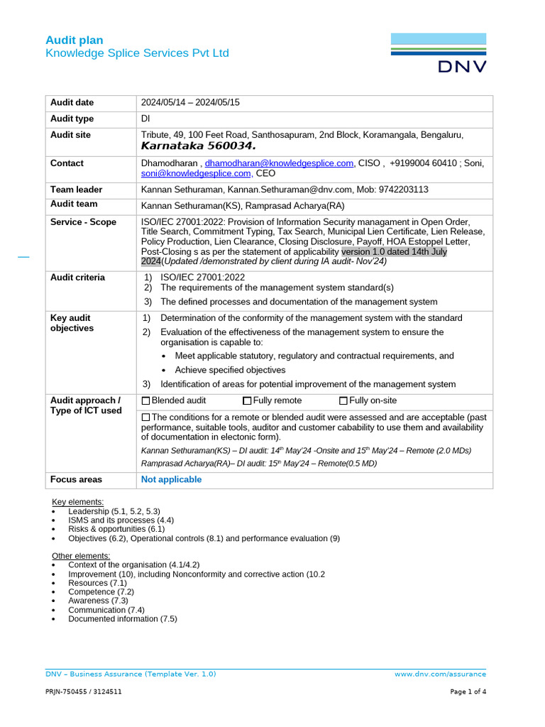 DI Audit Plan Knowledge Splice ISO 27001_2022_May24 (upd) | PDF | Audit ...