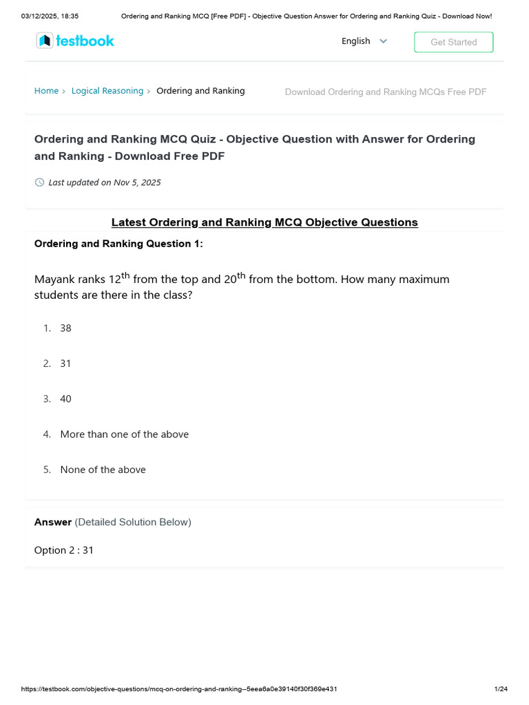 Free Ordering and Ranking MCQs PDF | PDF | Multiple Choice | Quiz