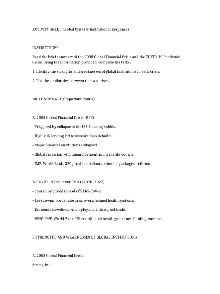 Global Crises Activity Sheet | PDF