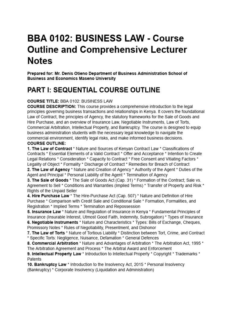 Business Law Course Outline Kenya | PDF | Law Of Agency | Offer And ...